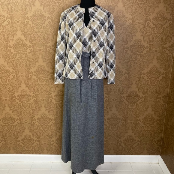 Vintage | Dresses | Vintage 7s Metallic Thread Plaid Belted Maxi ...